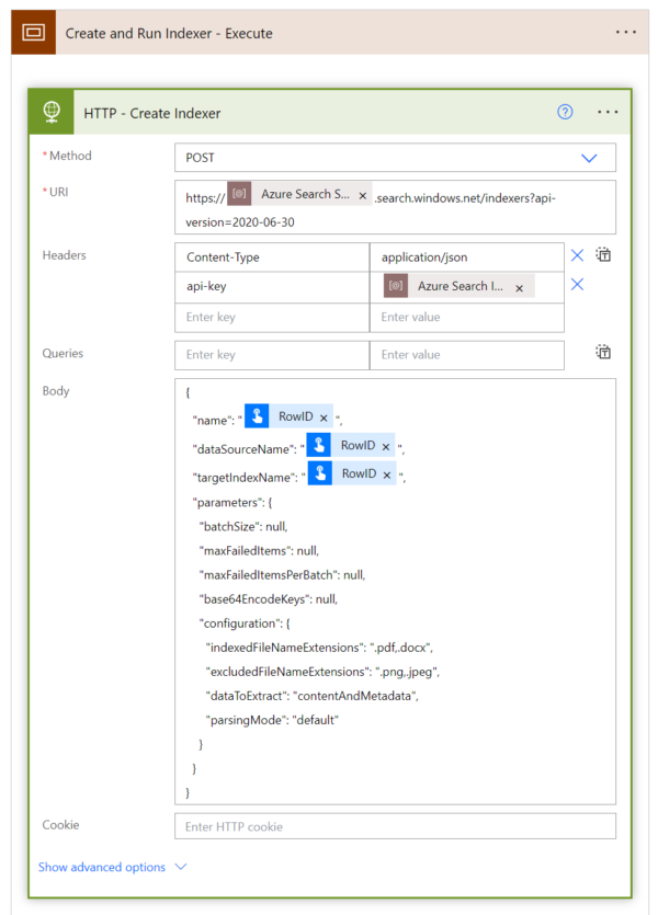 Create Azure Search Index, Indexer, run the Indexer and check Success status with Power Automate ...