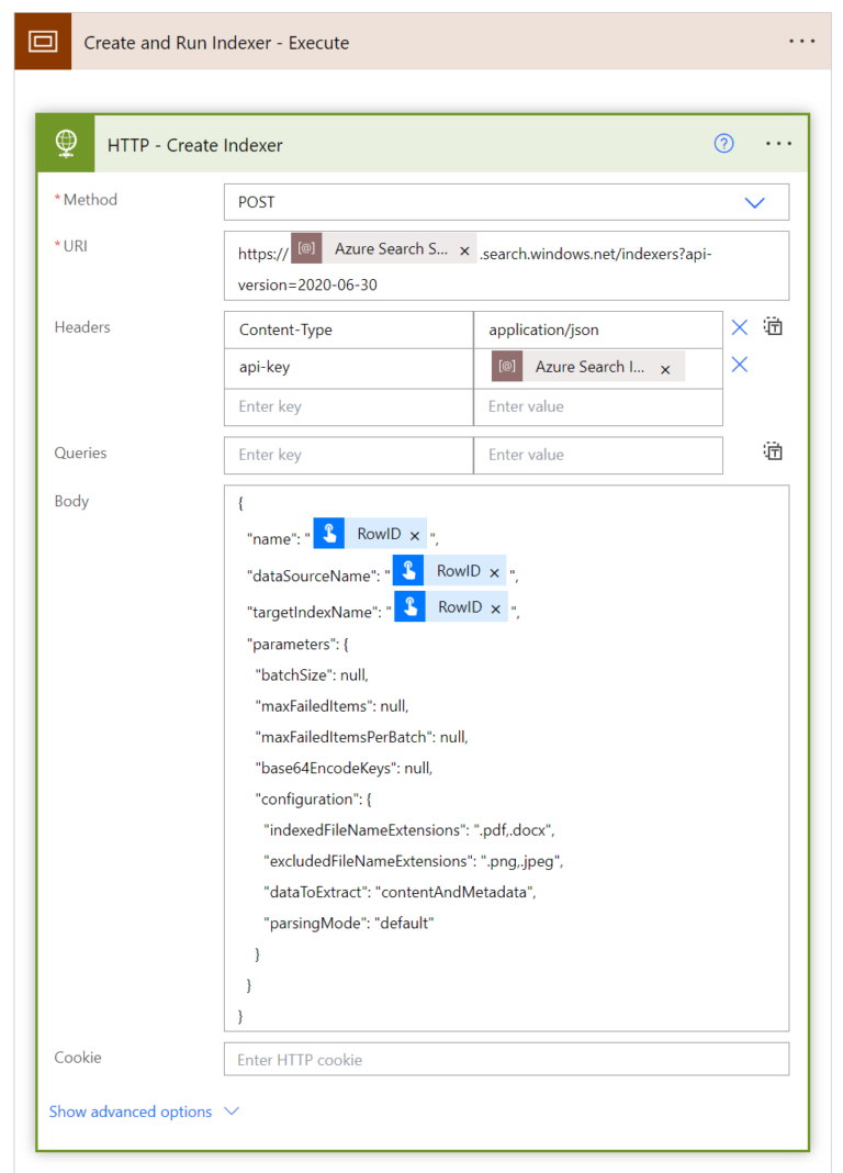 Create Azure Search Index, Indexer, run the Indexer and check Success status with Power Automate ...